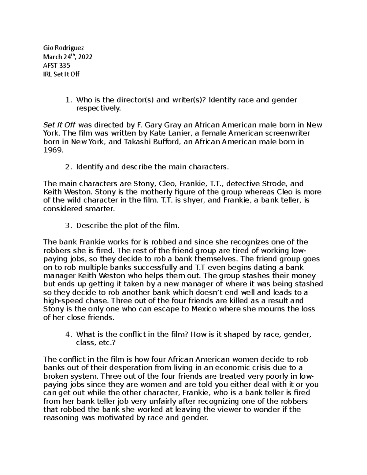 Analysis of Set It Off Film - Studocu