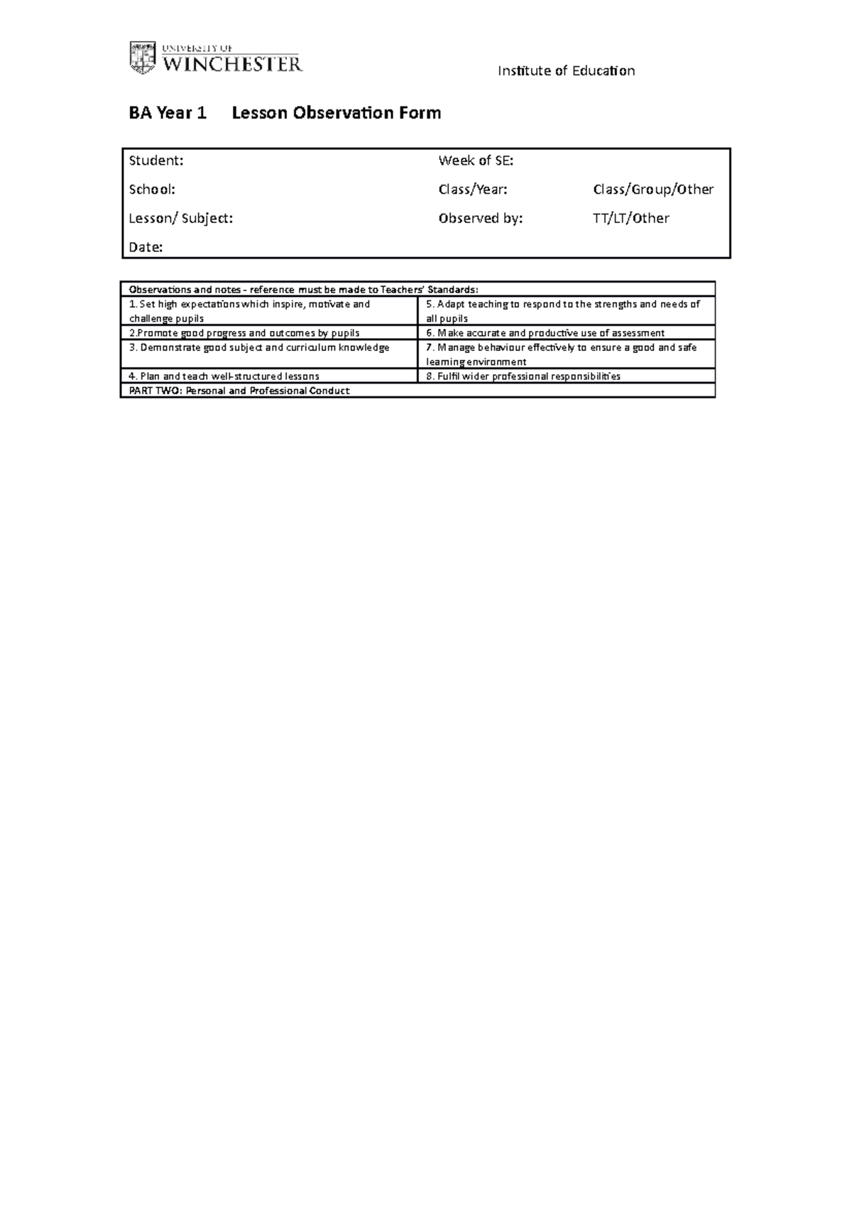 BA Year 1 Lesson Observation Proforma - Institute of Education BA Year ...
