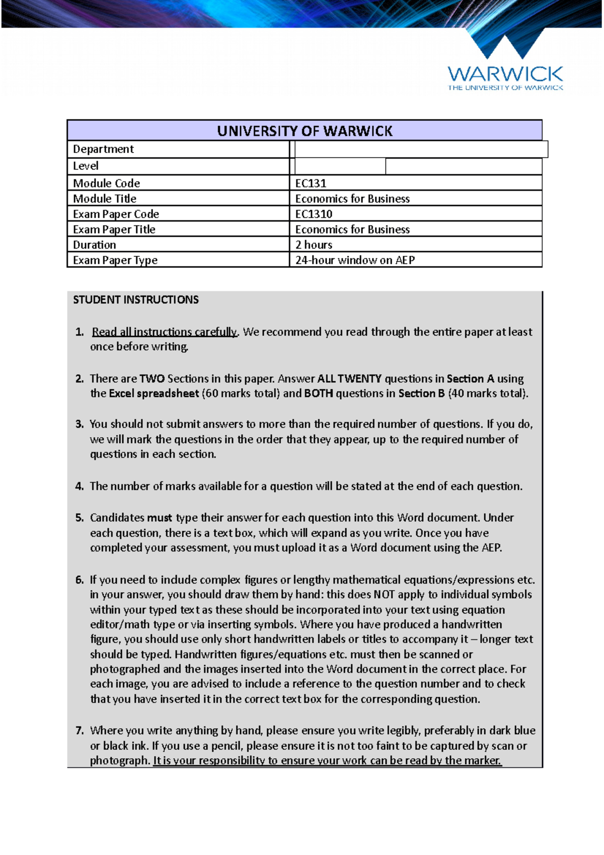 U2041543- EC131 0 May 2021 - UNIVERSITY OF WARWICK Department Level ...