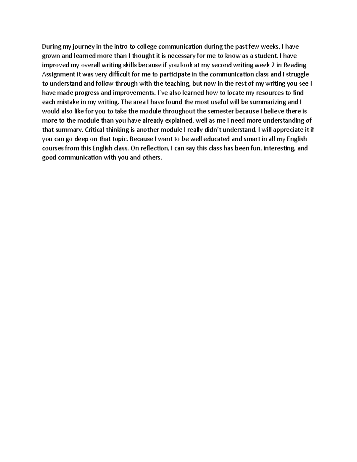 Document 1 summary reflection - During my journey in the intro to ...