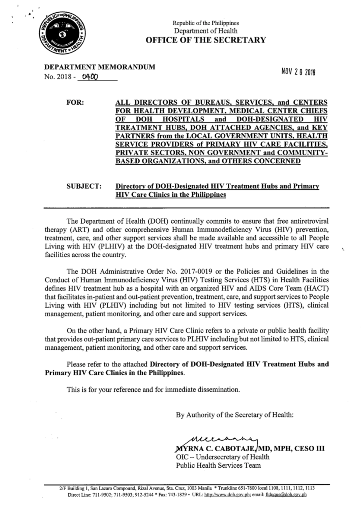 DOH 2018 0400 Memo with treatment hubs - Republic of the Philippines ...