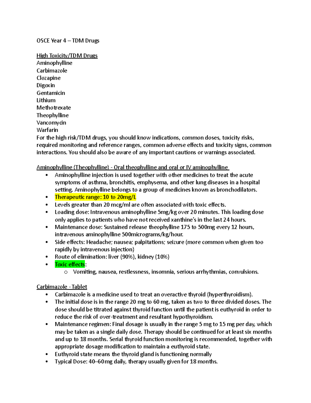 OSCE Year 4 TDM Drug Notes - OSCE Year 4 – TDM Drugs High Toxicity/TDM ...