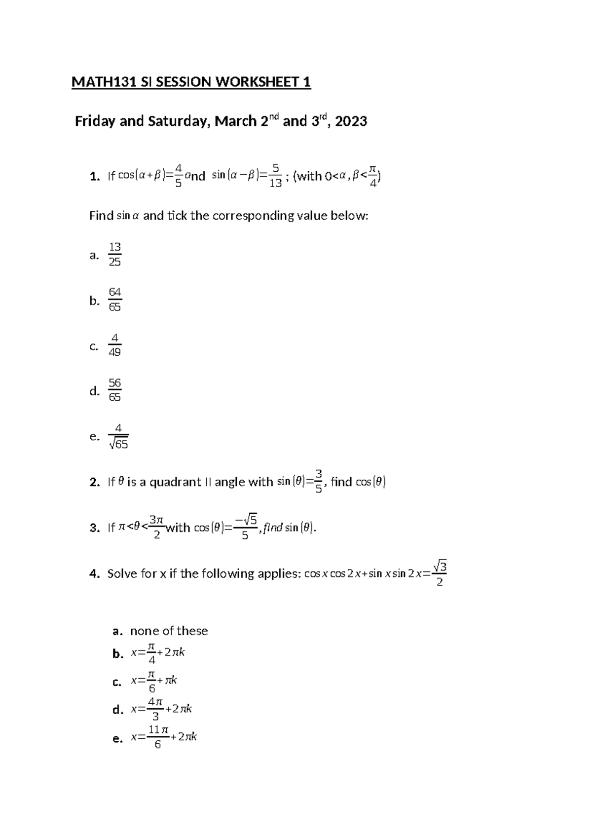 MATH131 SI Worksheet 1 - MATH131 SI SESSION WORKSHEET 1 Friday and ...