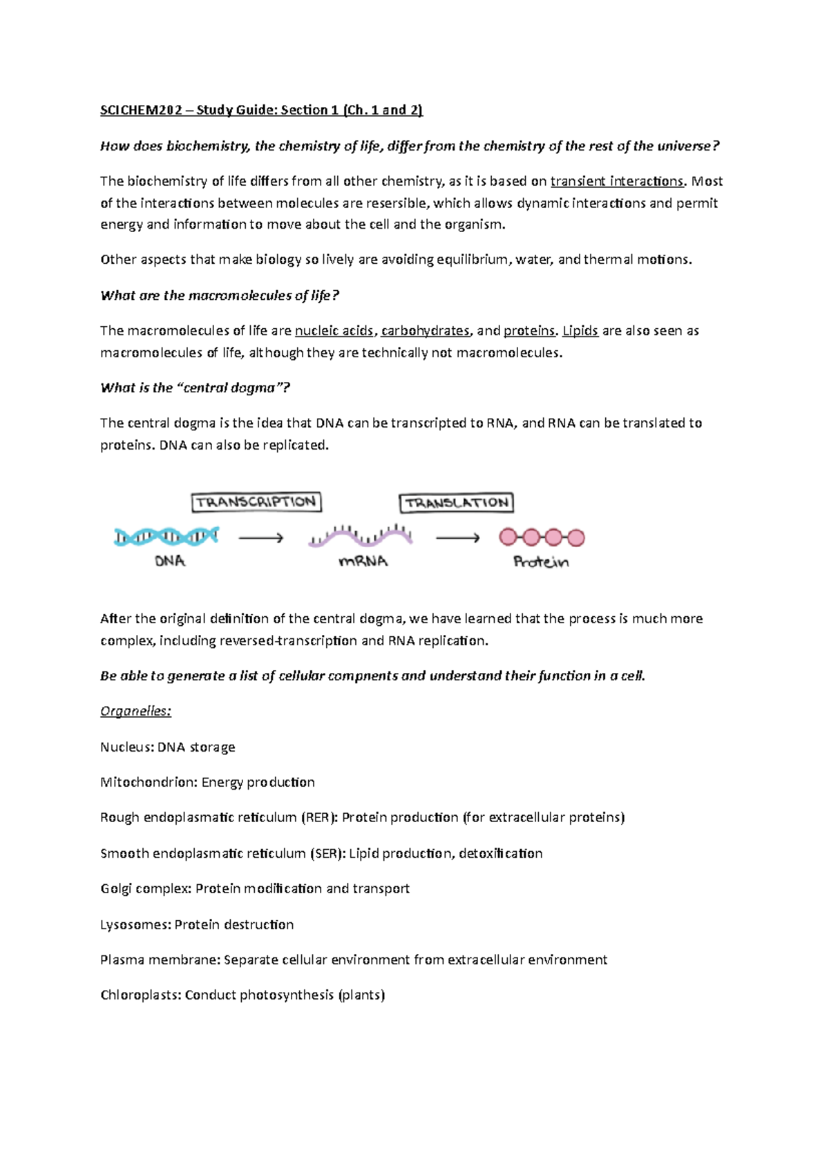 Biochemistry Section 1 - SCICHEM202 – Study Guide: Secion 1 (Ch. 1 and ...