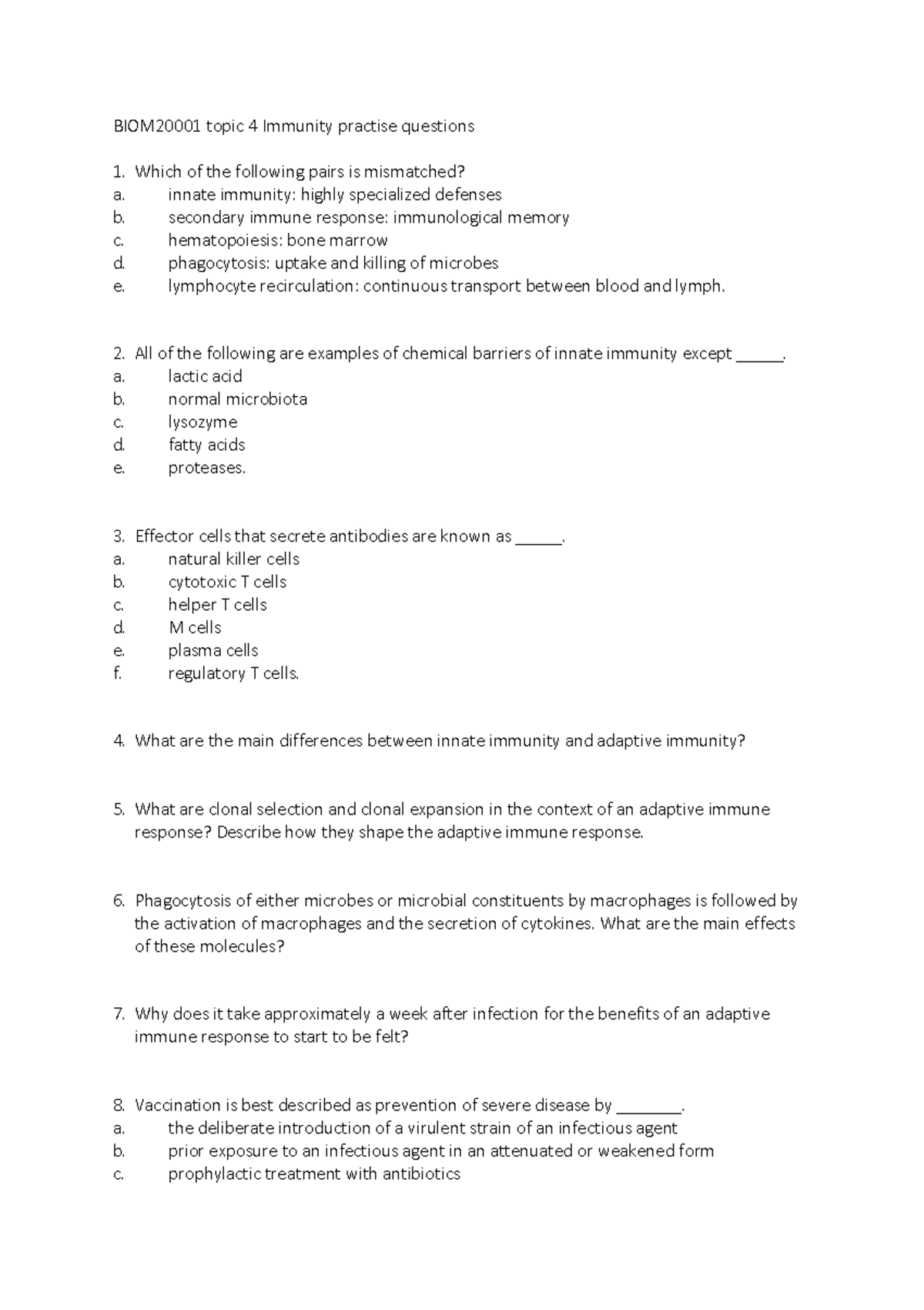 Topic 4 Immunity Worksheet - BIOM20001 topic 4 Immunity practise ...