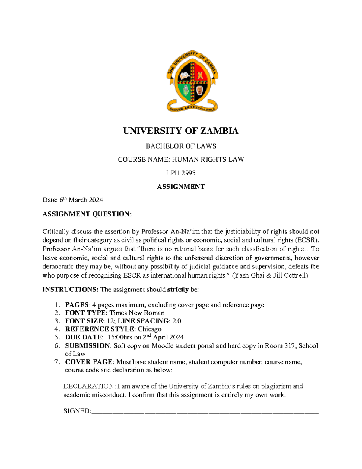 2024 LPU2995 assignment - UNIVERSITY OF ZAMBIA BACHELOR OF LAWS COURSE ...