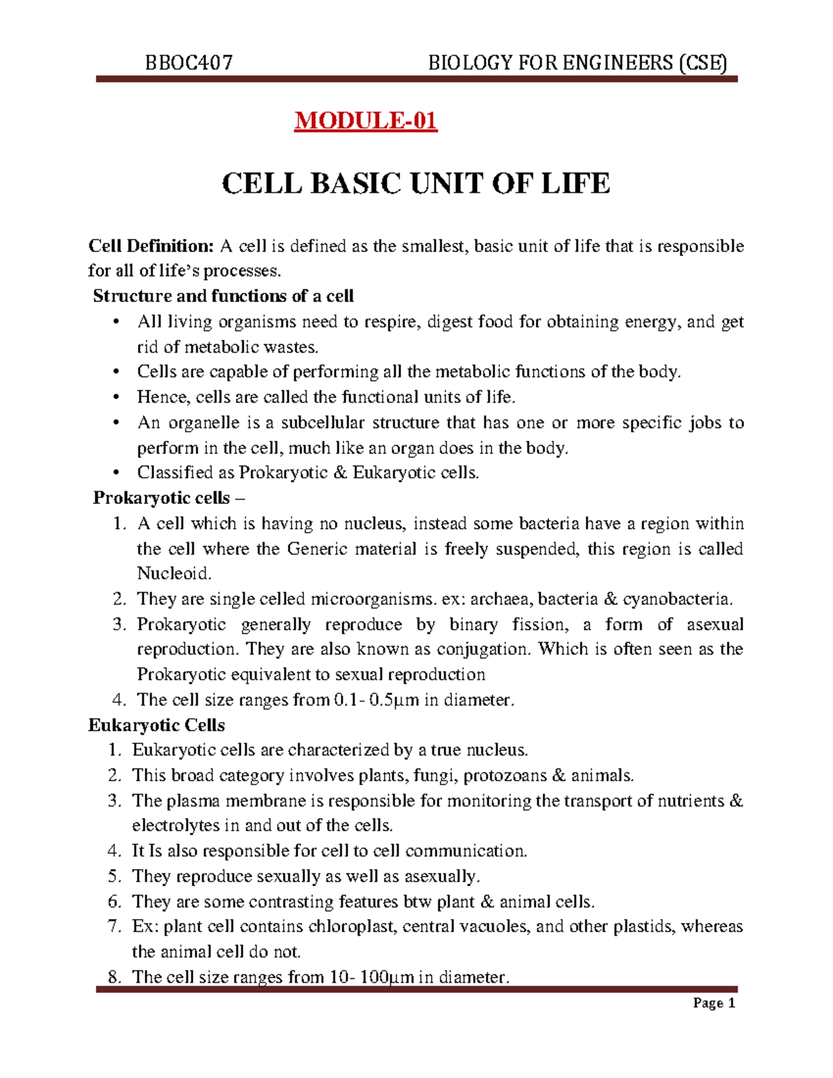 BE Module 1 Notes - Page 1 MODULE- 01 CELL BASIC UNIT OF LIFE Cell ...