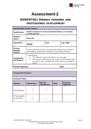 Bsbpef 501 Student Assessment Tasks v2 - STUDENT ASSESSMEN T TASKS BSBWRT301 Write simple ...