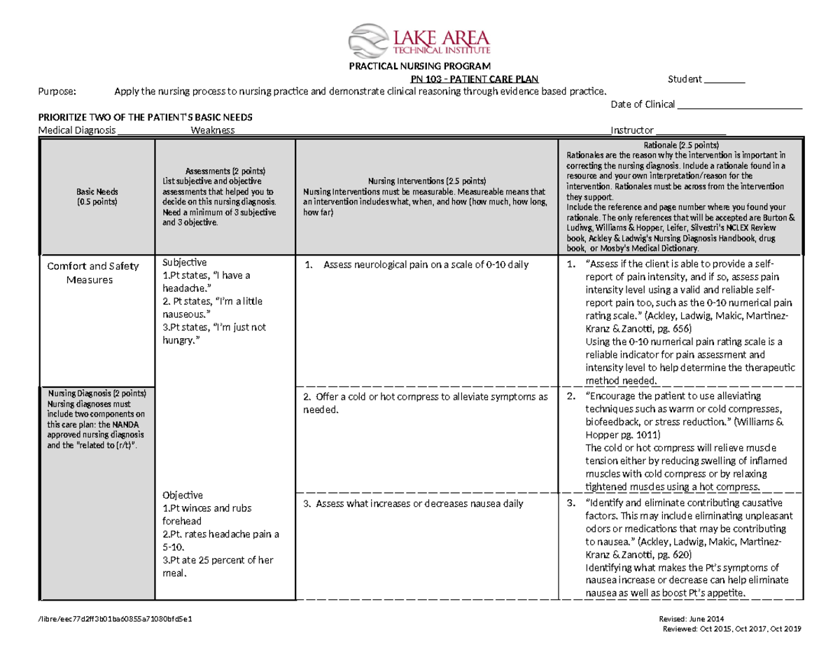 Care Plan Form FA17-1 desktop - PRACTICAL NURSING PROGRAM PN 103 ...