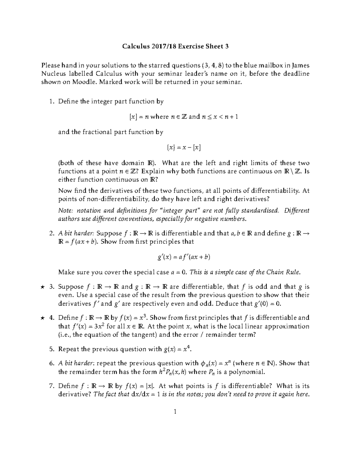Calculus exercises 03 - Calculus 2017/18 Exercise Sheet 3 Please hand ...