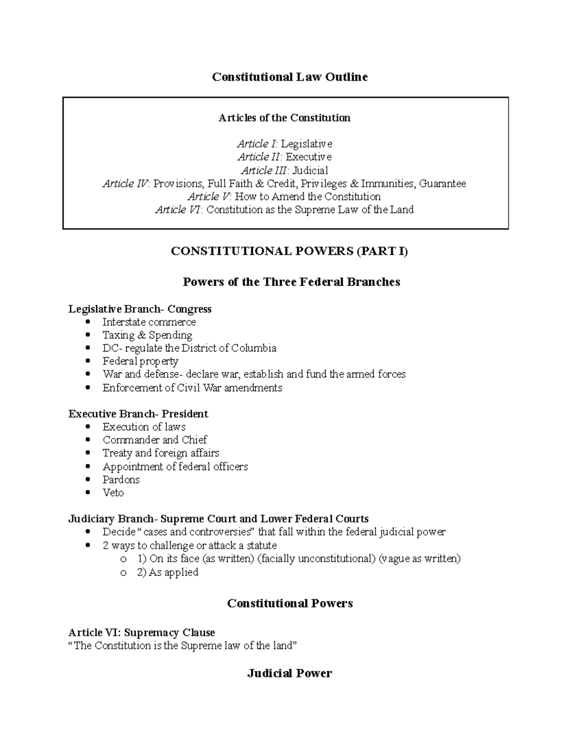 Constitutional Law Outline - Constitutional Law Outline Articles of the ...