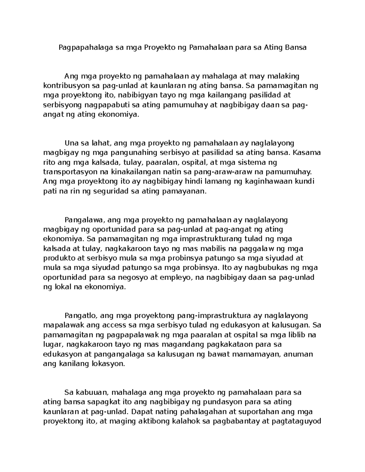 Halimbawa ng Sanaysay - Pagpapahalaga sa mga Proyekto ng Pamahalaan ...