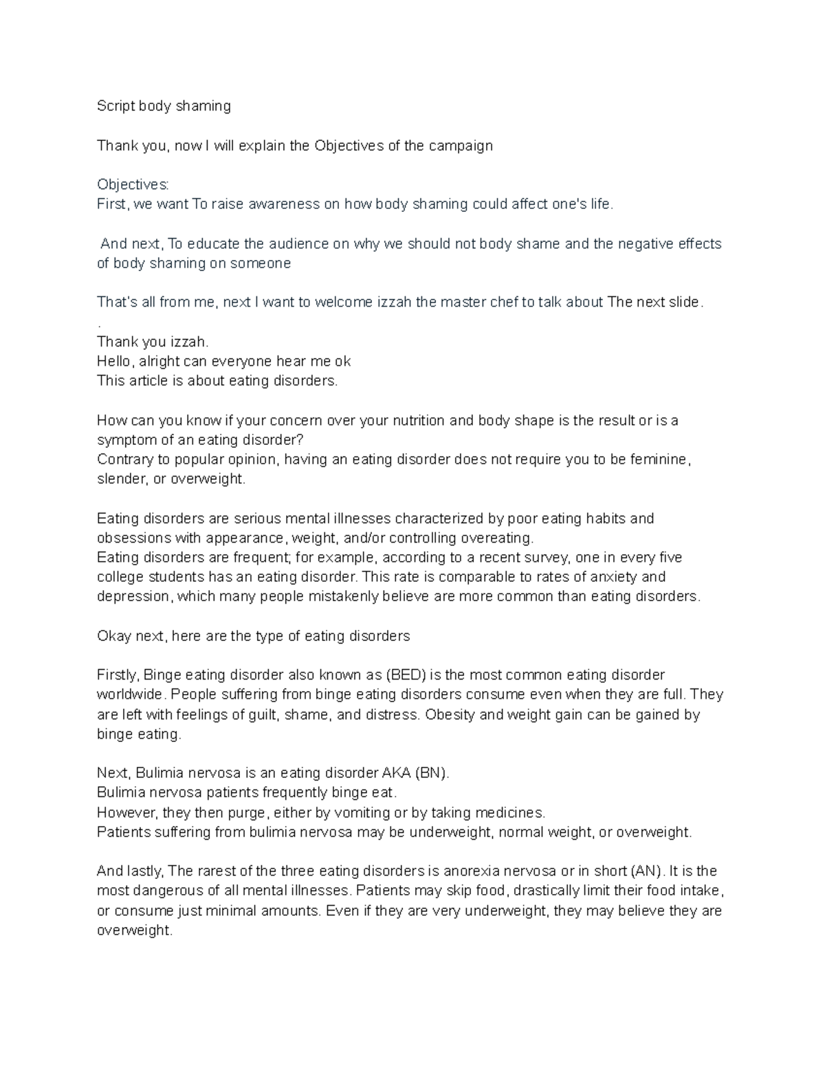 Script body shaming - Script body shaming Thank you, now I will explain the Objectives of the ...