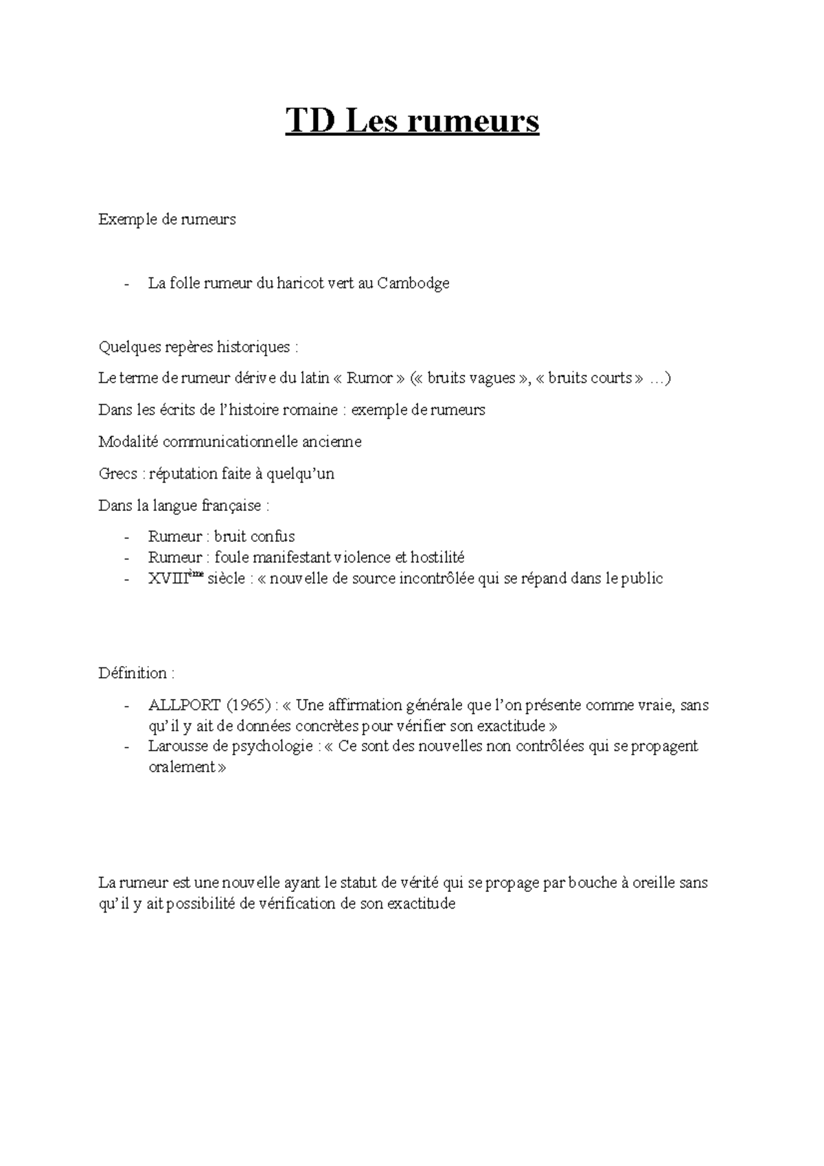 TD Psychologie sociale : Rumeurs - TD Les rumeurs Exemple de rumeurs La ...