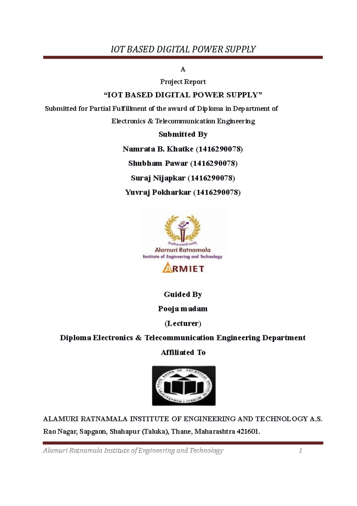 Nama Project Black Book. - A Project Report “IOT BASED DIGITAL POWER SUPPLY” Submitted for ...