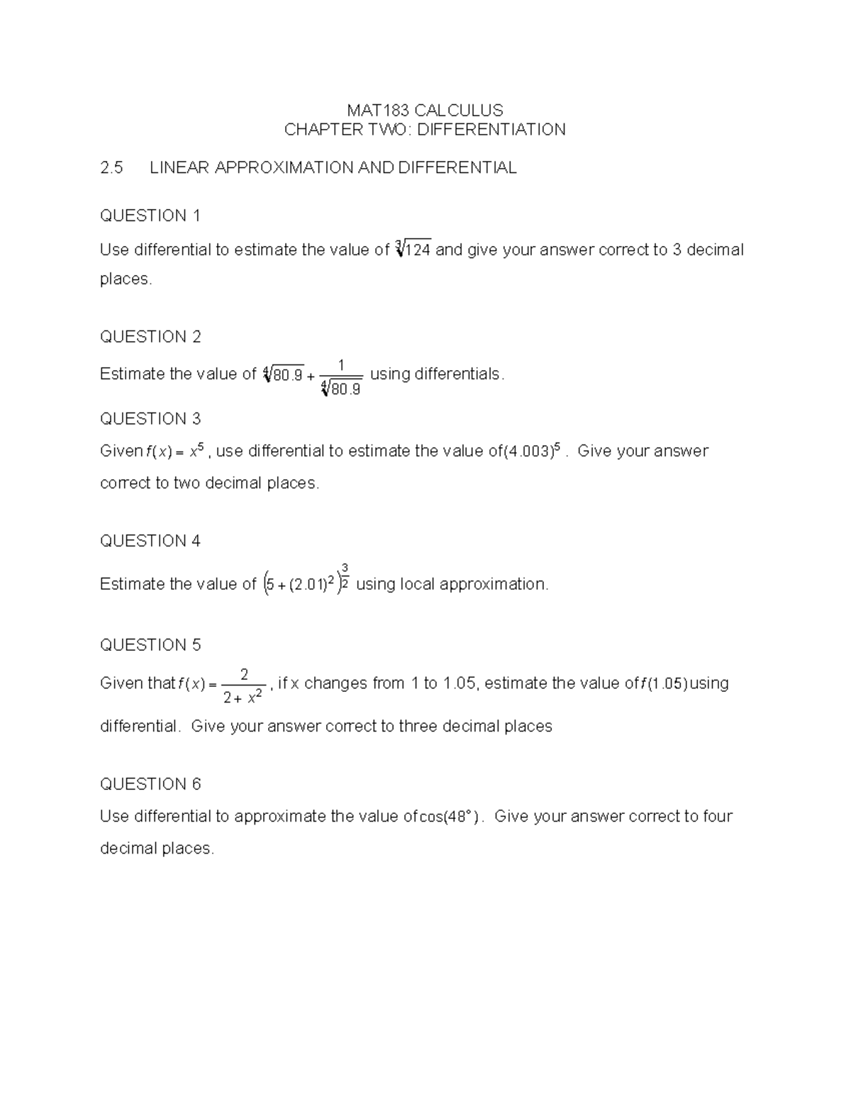 Tutorial 2.5 Linear Approximation AND Differential - MAT183 CALCULUS ...