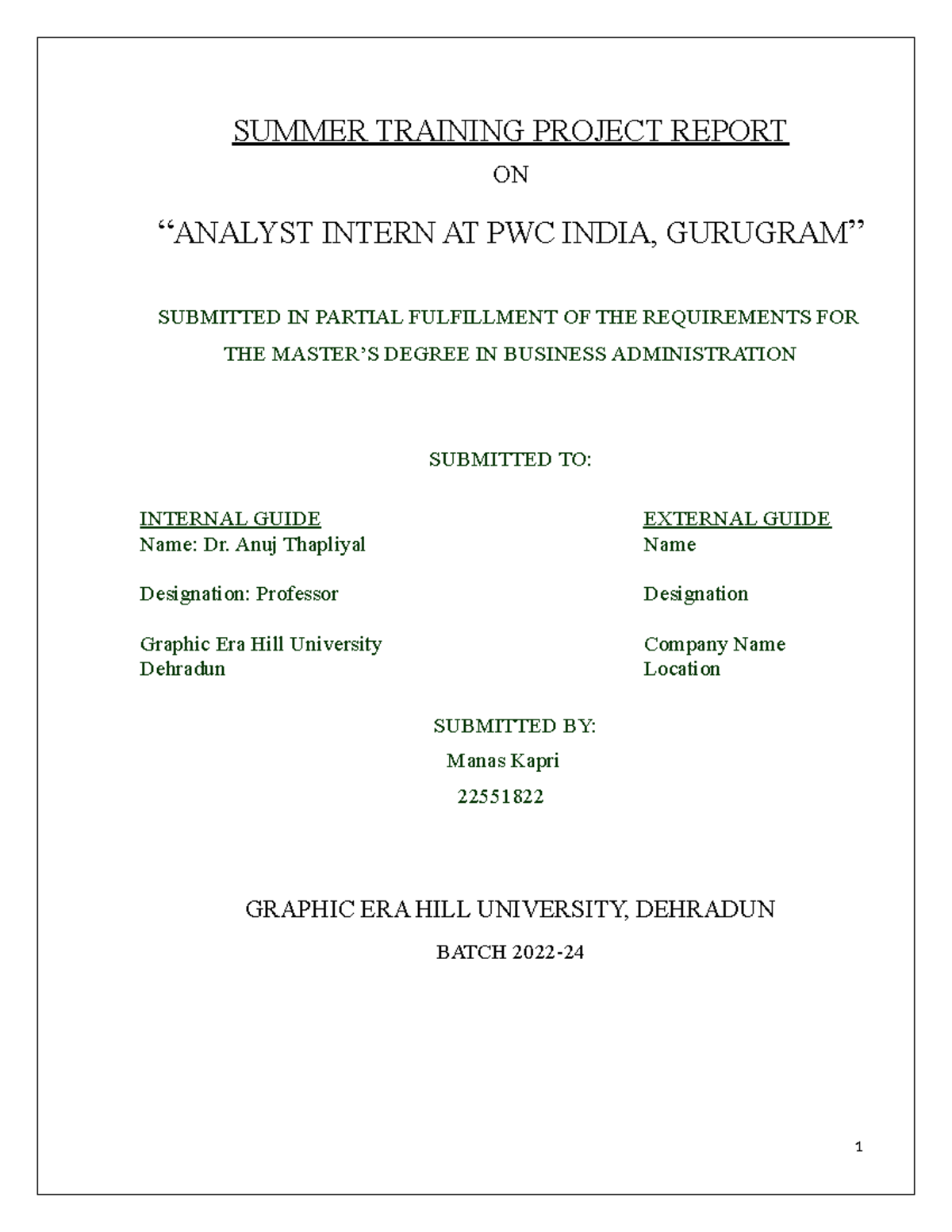 SIP Report Manas kapri - SUMMER TRAINING PROJECT REPORT ON “ANALYST ...