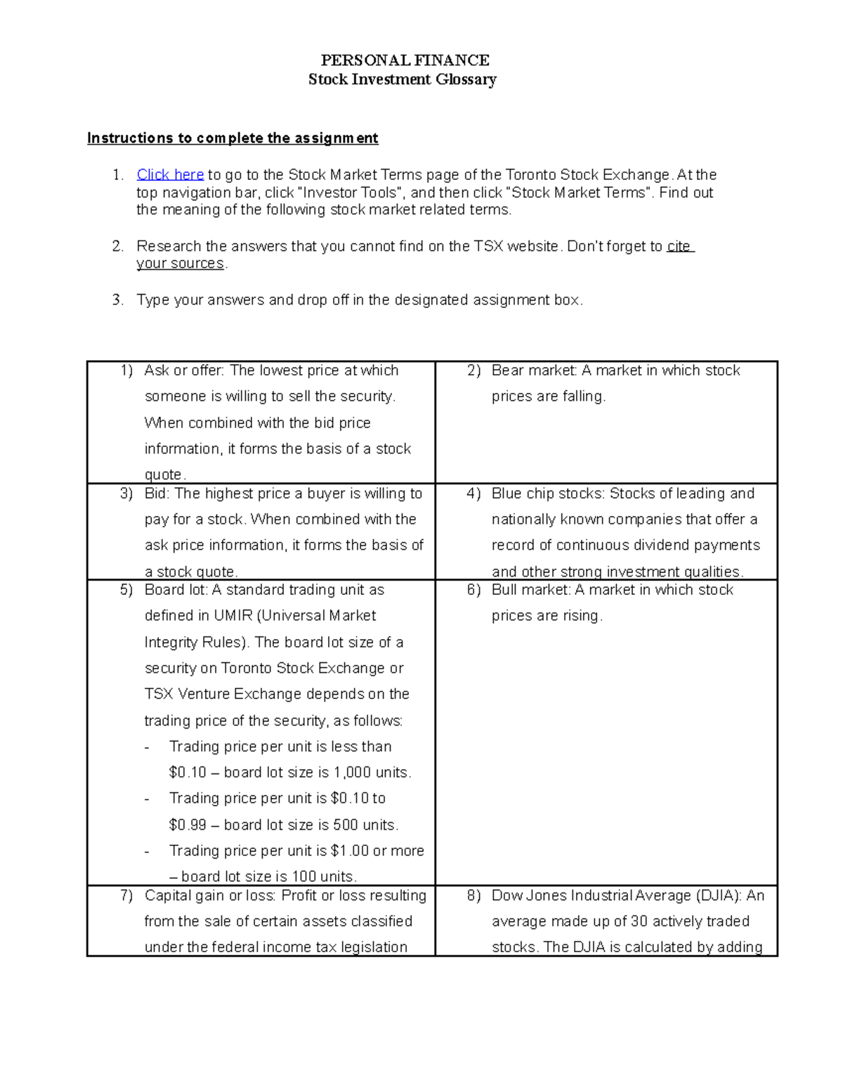 stock investment glossary - PERSONAL FINANCE Stock Investment Glossary ...