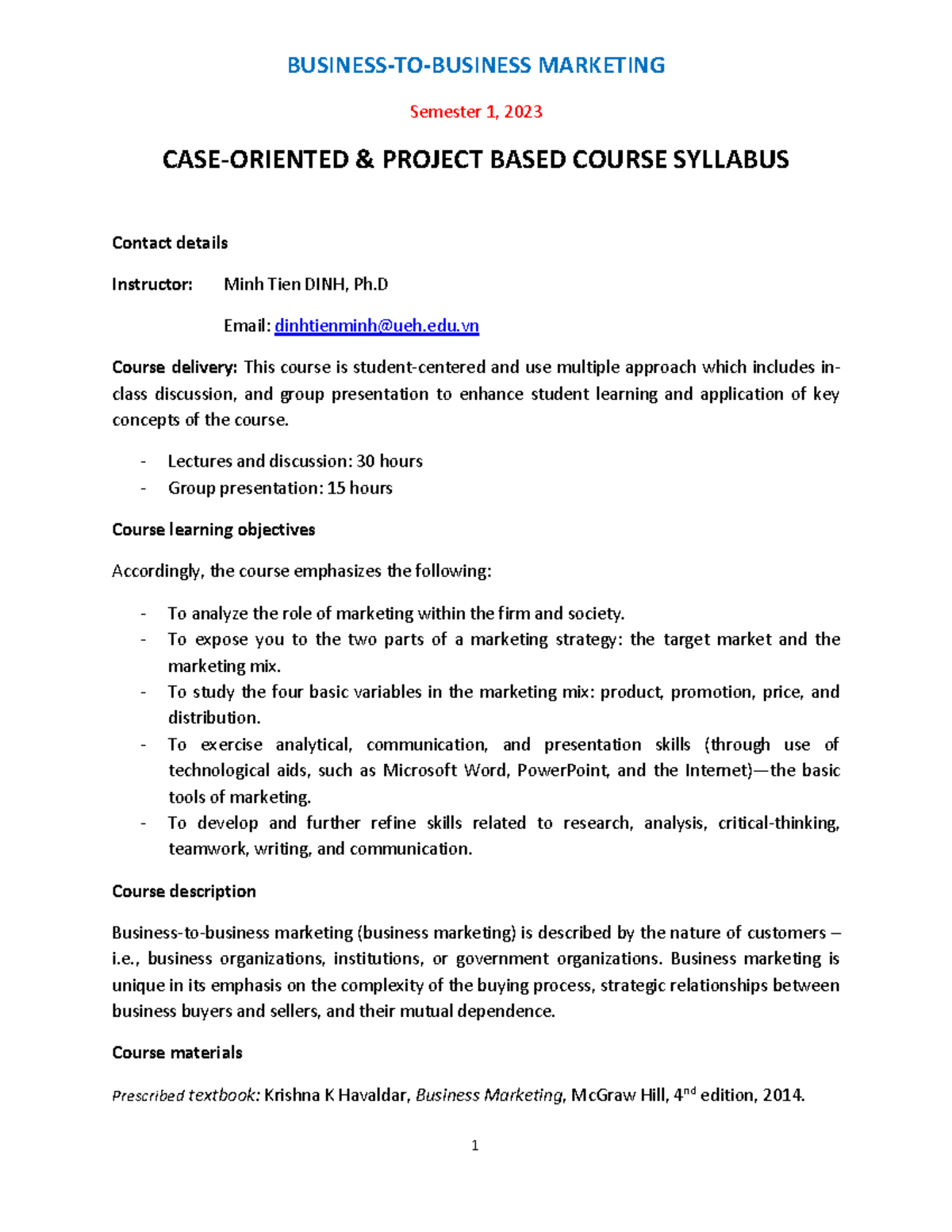 Syllabus B2B DT Minh - guide - BUSINESS-TO-BUSINESS MARKETING Semester ...