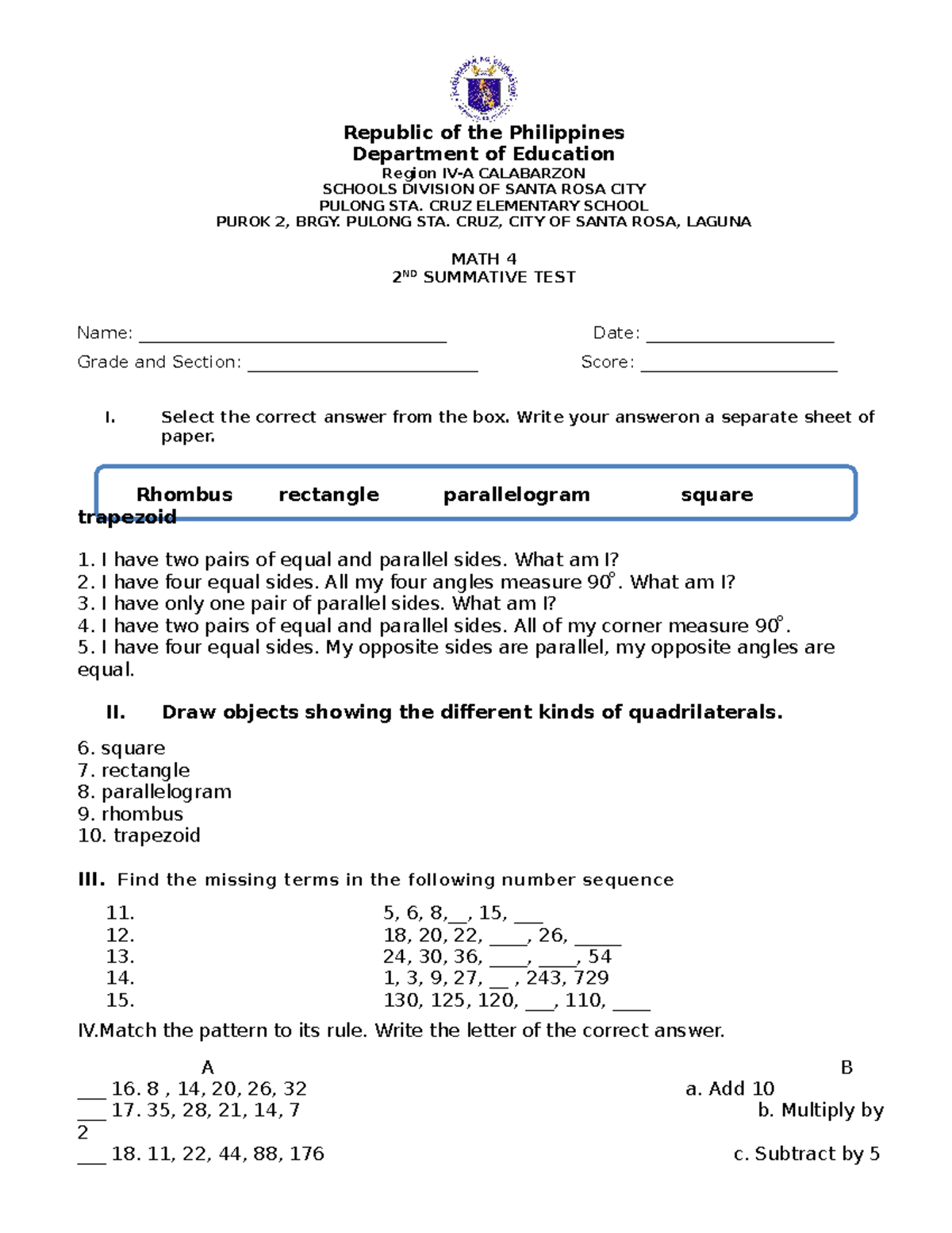Math 4 summative test - Republic of the Philippines Department of ...