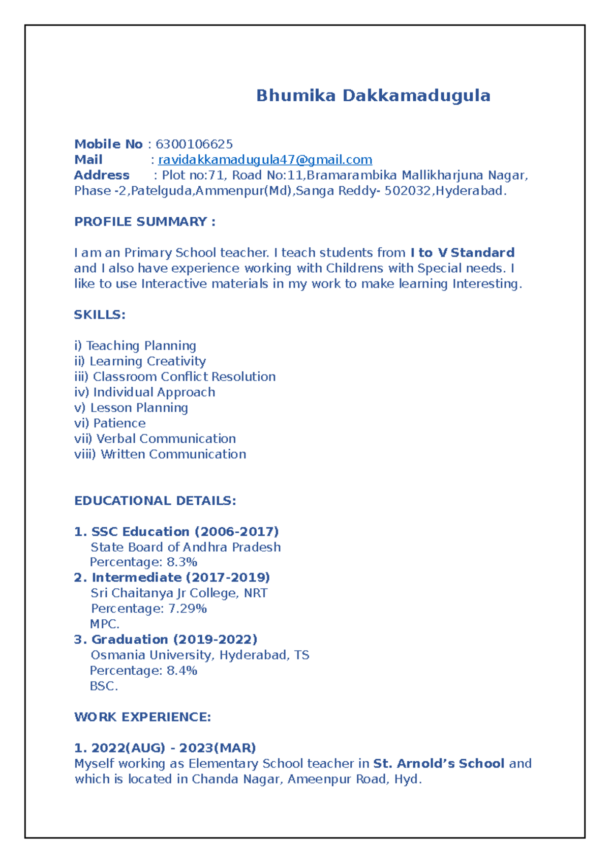 Bhumika Dakkamadugula Resume - Bhumika Dakkamadugula Mobile No ...