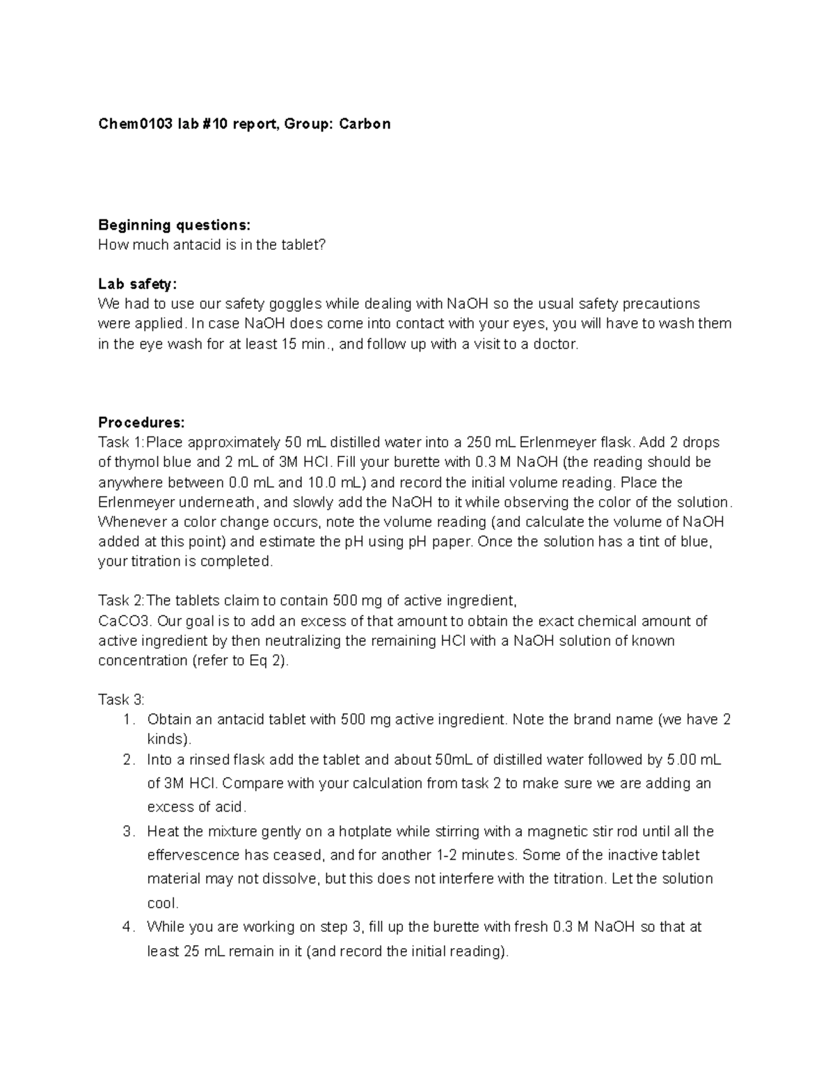 Chem lab 10 - Chem lab 10 - Chem0103 lab #10 report, Group: Carbon ...