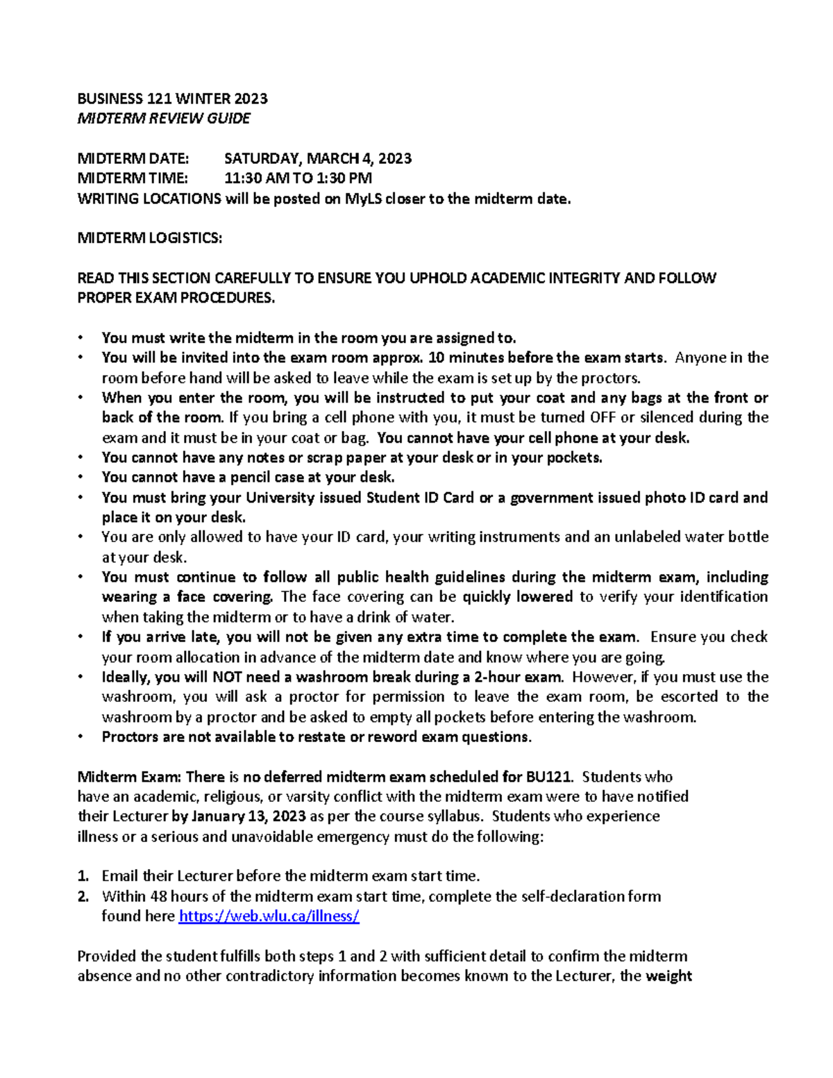 BU121 Winter 2023 Midterm Review Guide - BUSINESS 121 WINTER 20 23 MIDTERM REVIEW GUIDE MIDTERM ...
