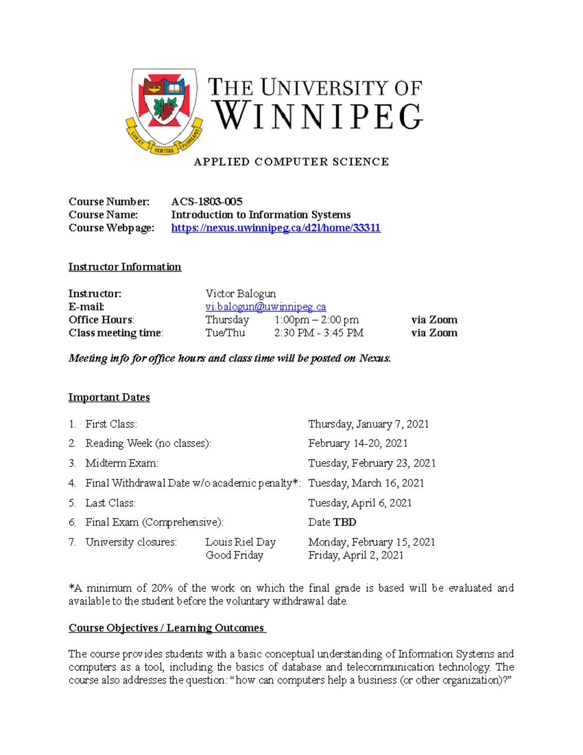 Course Outline - ACS-1803-005 - APPLIED COMPUTER SCIENCE Course Number ...