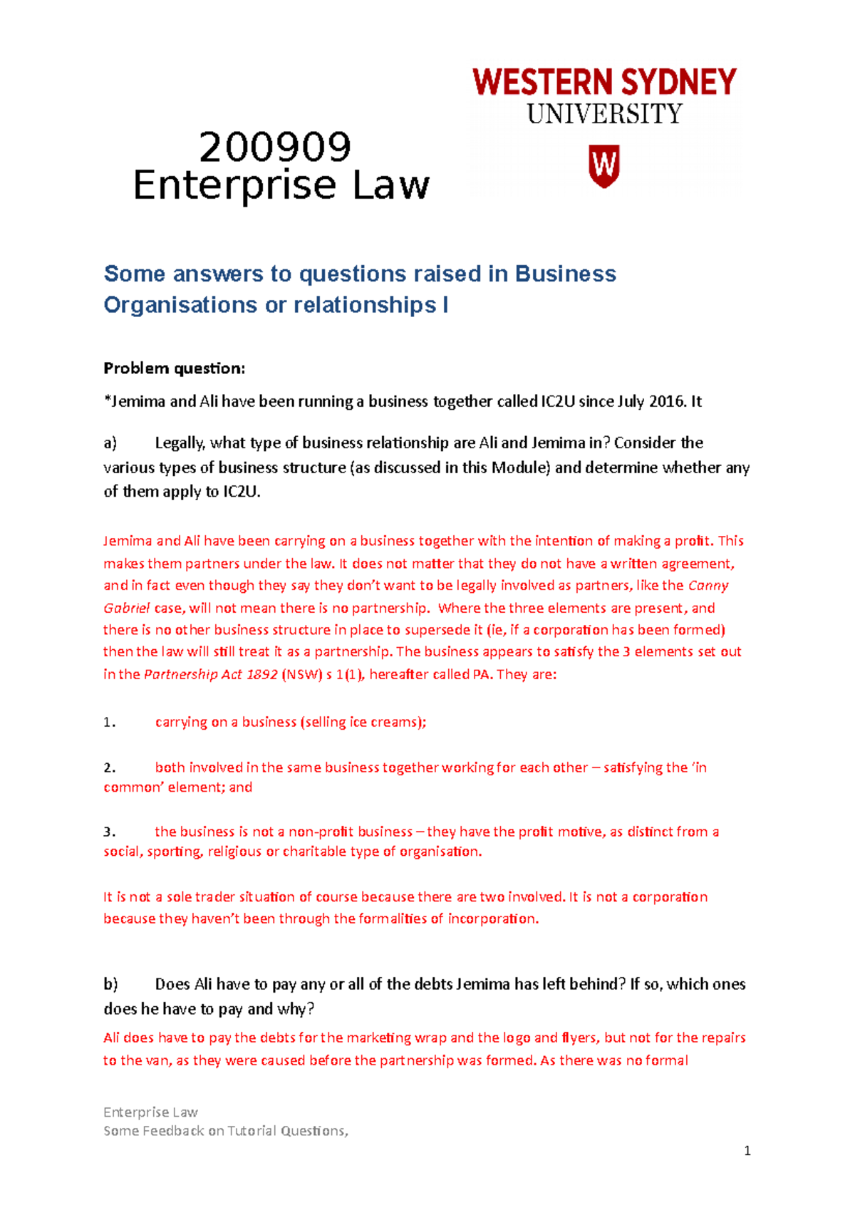 Business structures I answers - 200909 Enterprise Law Some answers to ...