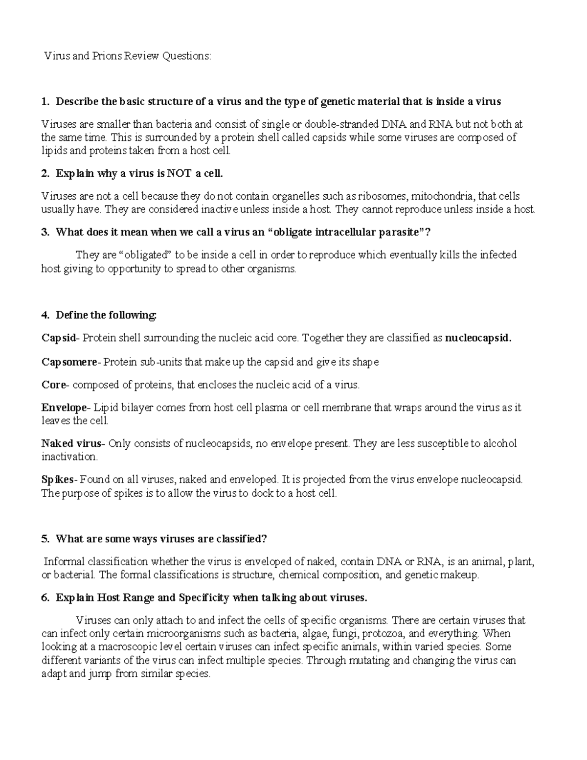 Viruses and Prions - key - Virus and Prions Review Questions: Describe ...