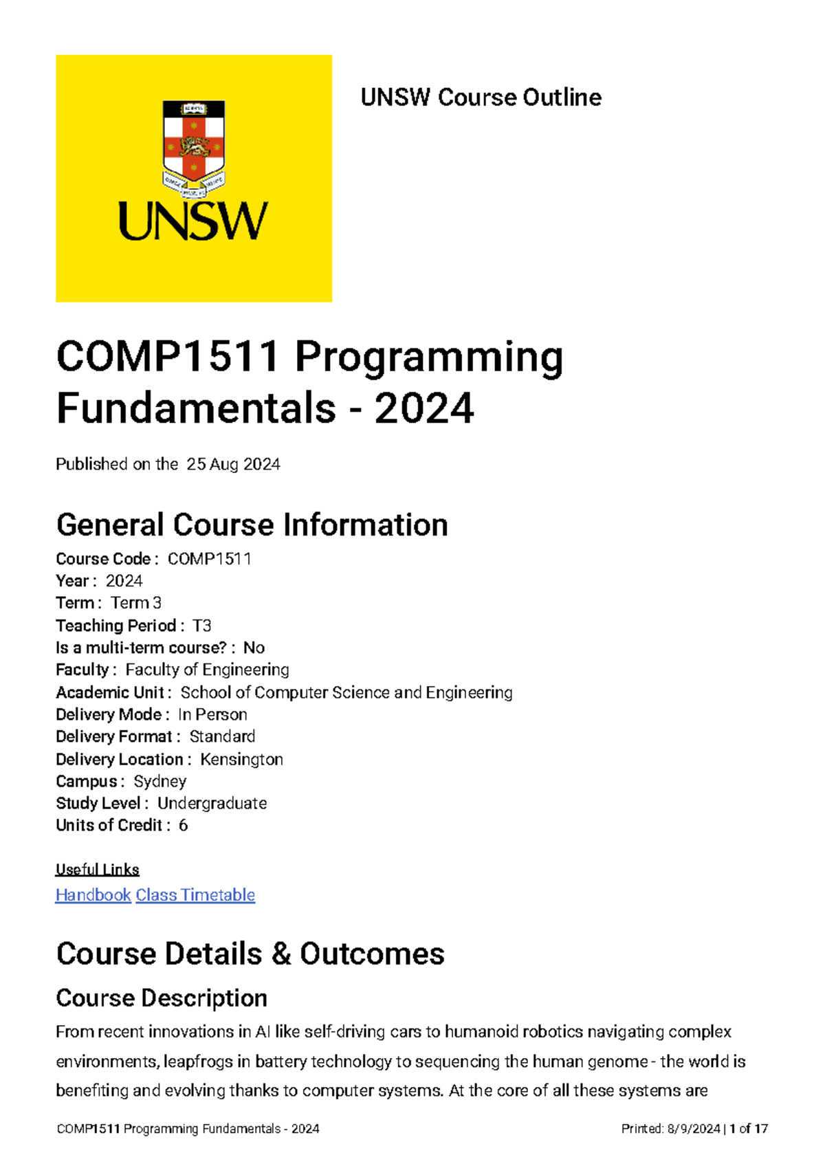 CO COMP1511 1 2024 Term3 T3 In Person Standard Kensington - UNSW Course ...