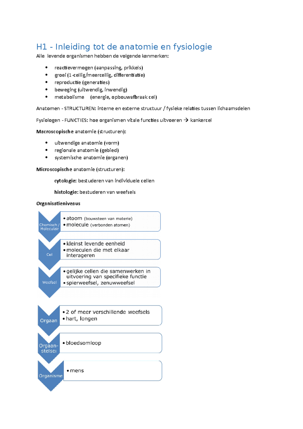 OW 1 - H1 - Ondersteunende wetenschappen - Hoofdstuk 1 - H1 Inleiding tot de anatomie en ...