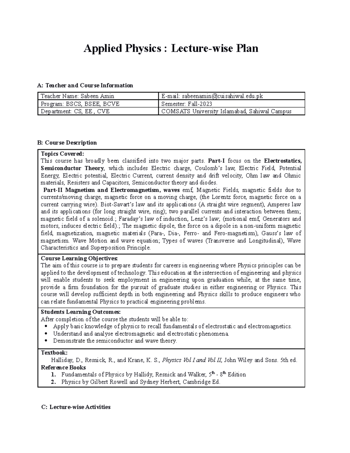 LWP APE Fall23 - Applied Physics : Lecture-wise Plan A: Teacher and ...