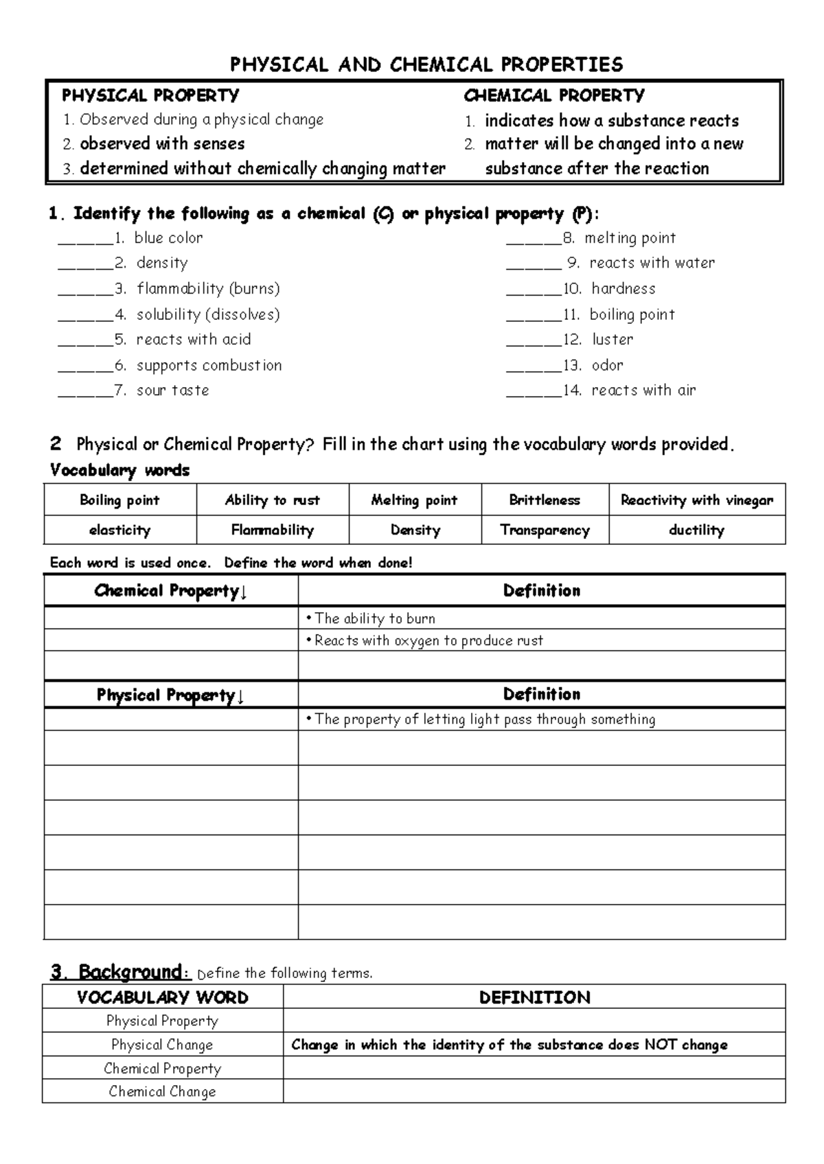 Phys and Chem Properties Worksheet - PHYSICAL AND CHEMICAL PROPERTIES ...