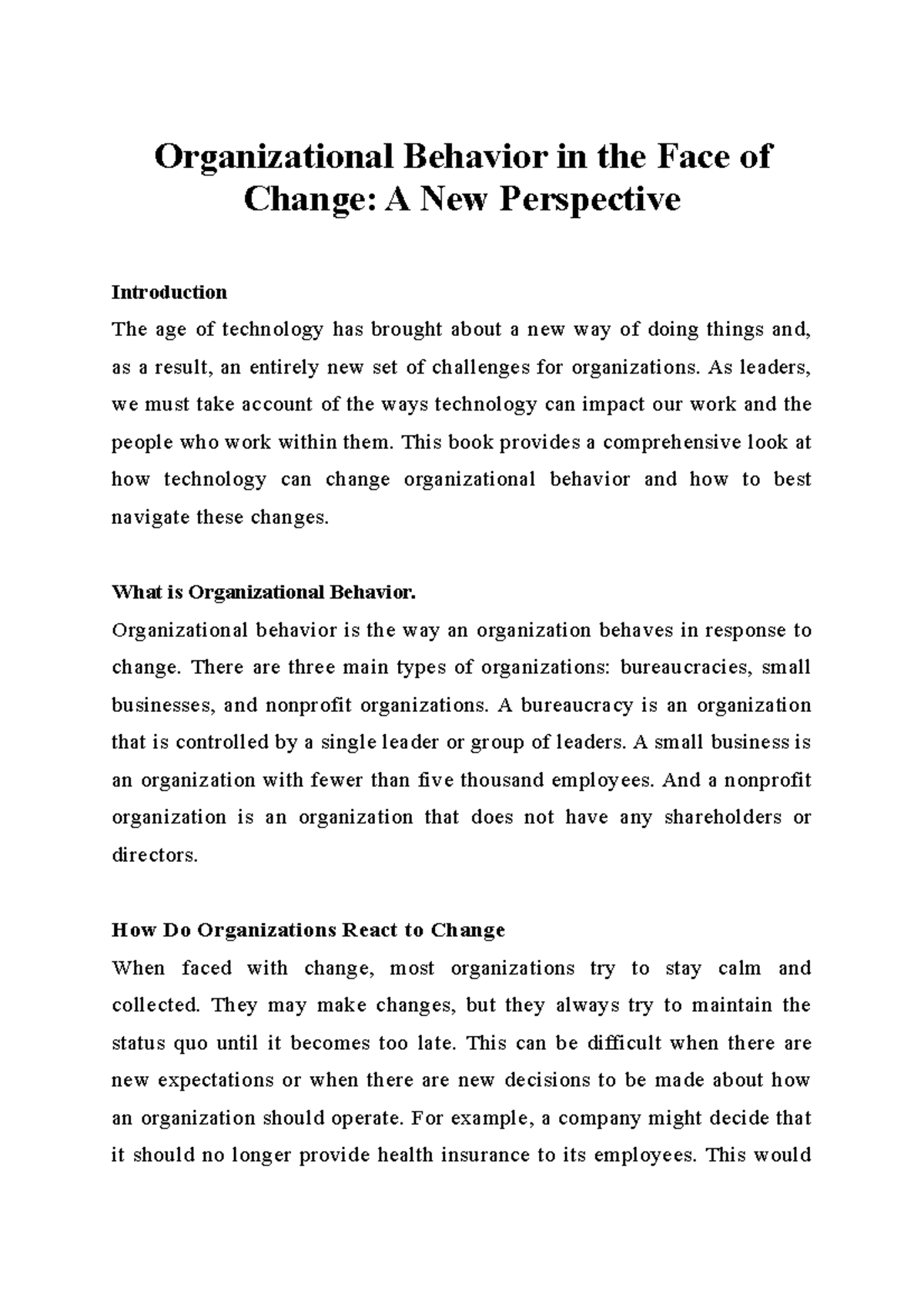 Organizational Behavior in the Face of Change A New Perspective ...