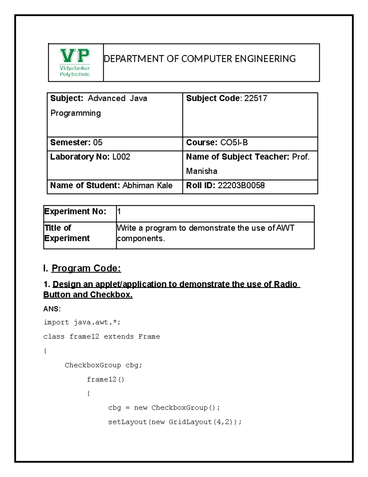 AJP PR1(22203 B0058) - This I java programming first practical ...
