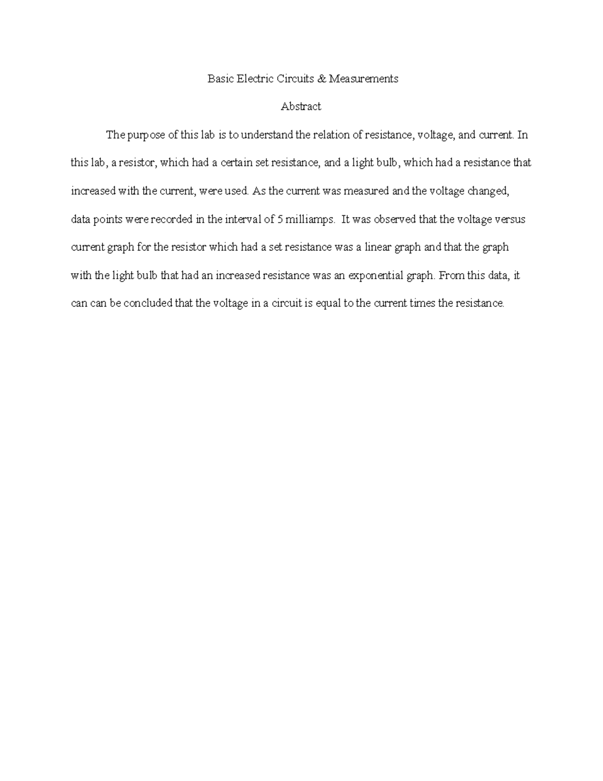Physics 152 Lab #2 - Basic Electric Circuits & Measurements Abstract ...