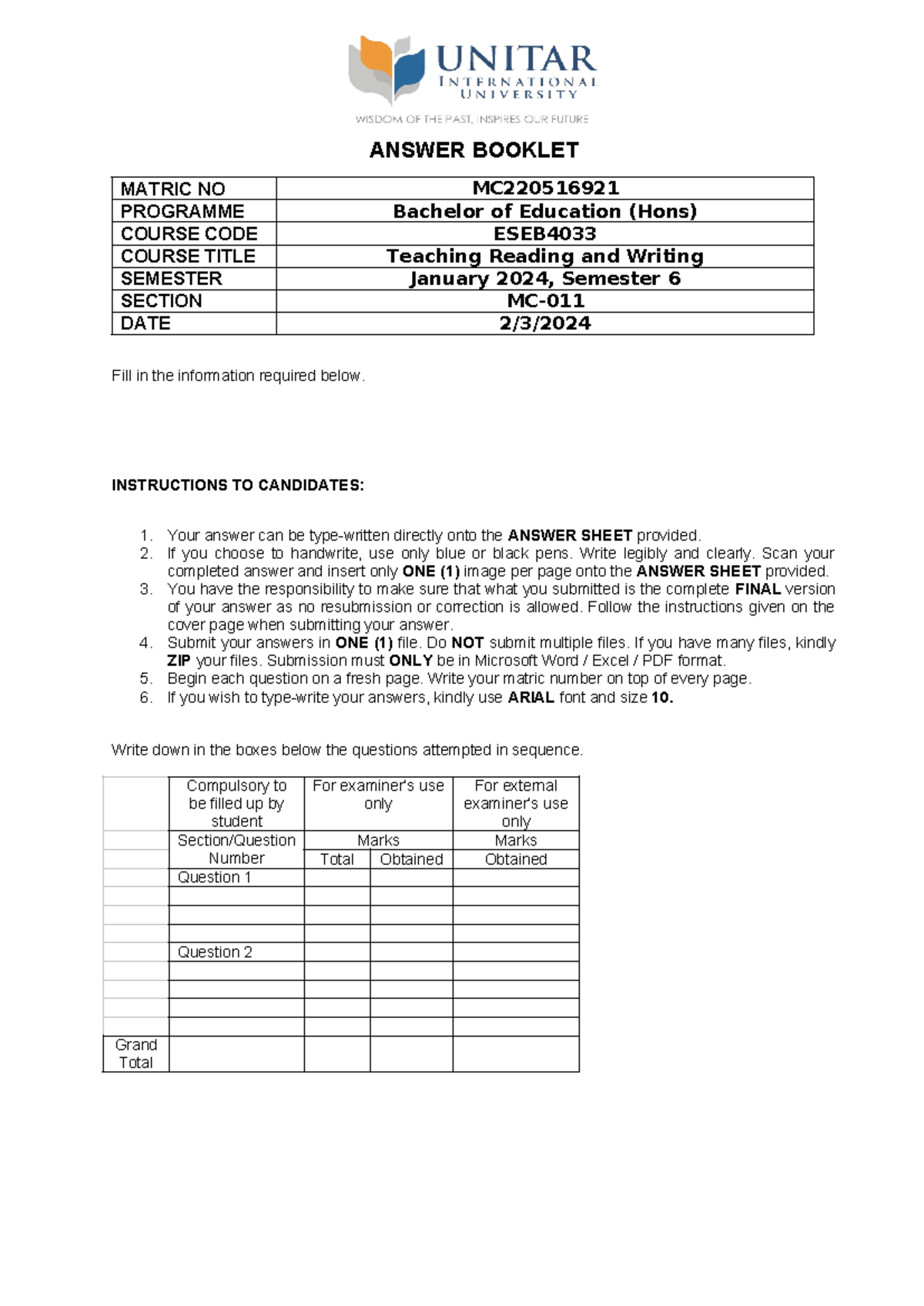 MC220516921 ESEB4033 - ANSWER BOOKLET MATRIC NO MC PROGRAMME Bachelor ...