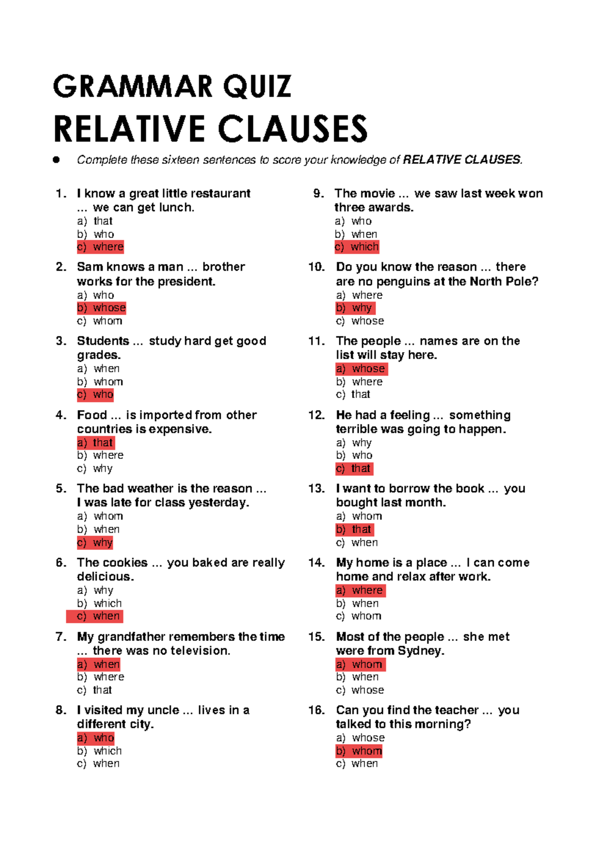 Relative Clauses TEST 1 KEY - Complete these sixteen sentences to score ...