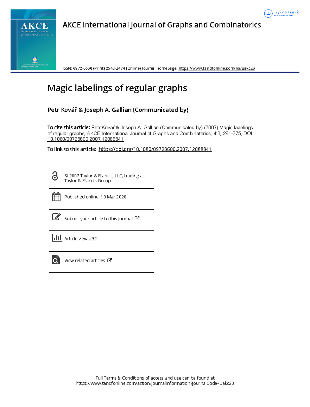 Magic labelings of regular graphs - Full Terms & Conditions of access ...