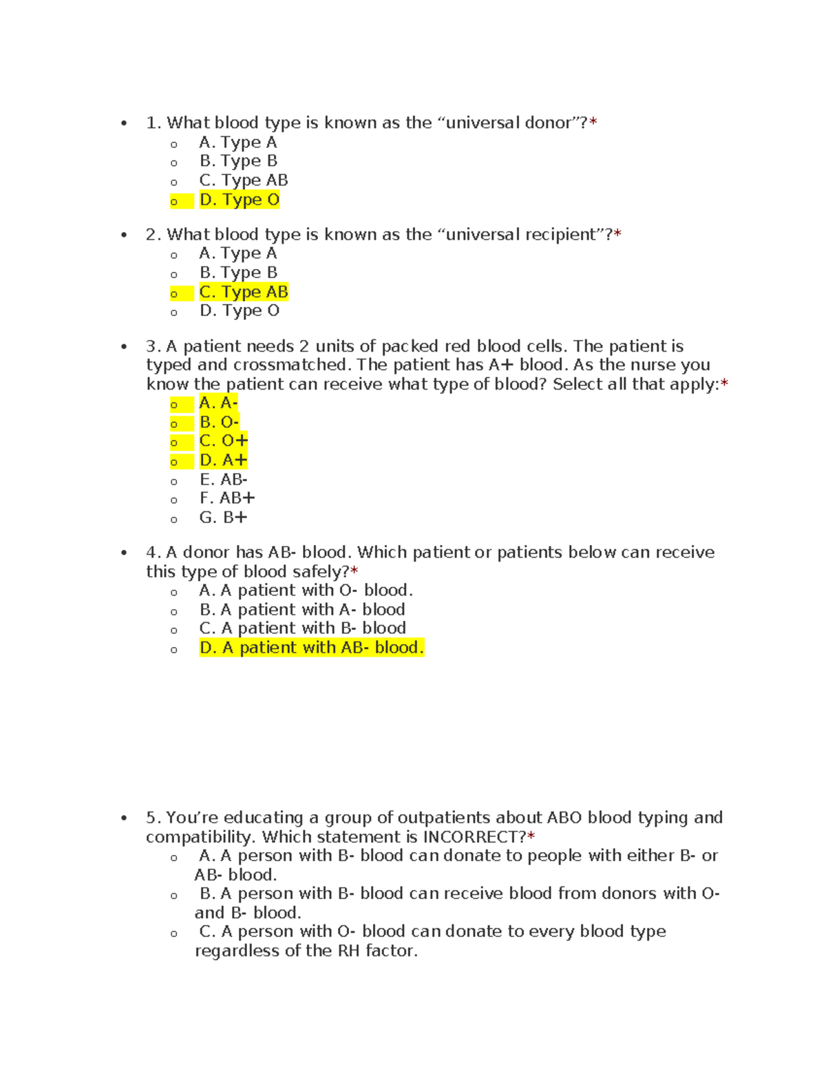 Blood Type Quiz - 1. What blood type is known as the “universal donor ...