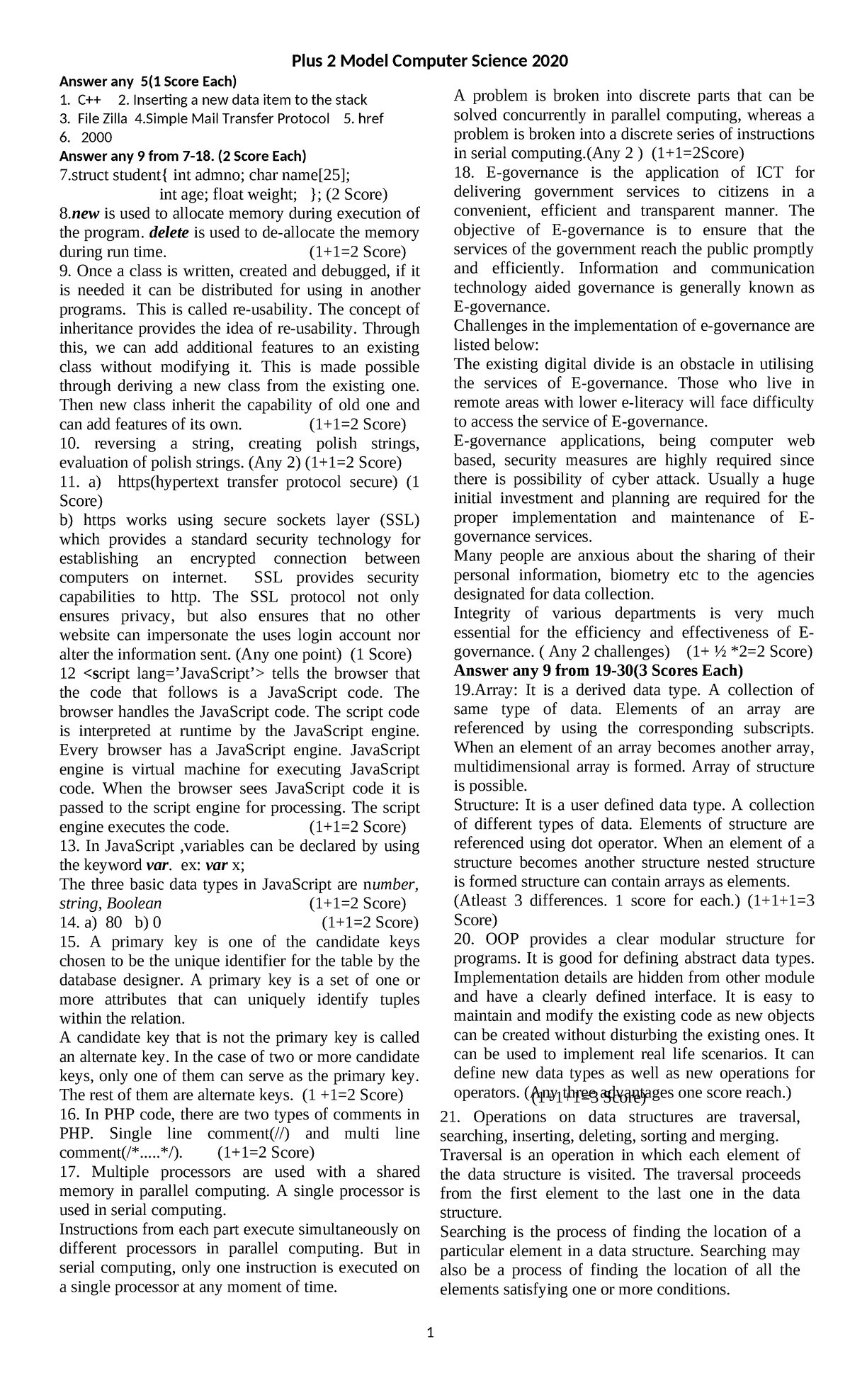 Computer Science Answer Key Kerala XII Model Exam February 2020 - Plus 2 Model Computer Science ...