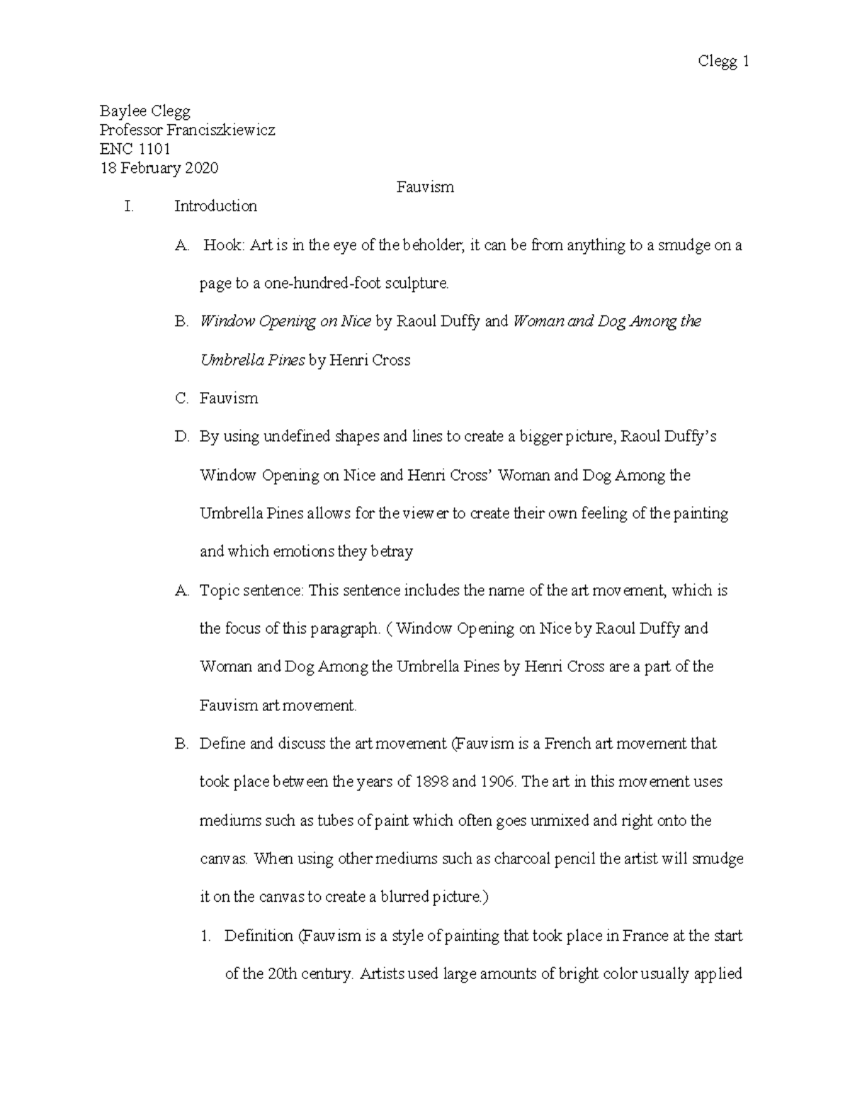 Fauvism Outline - Baylee Clegg Professor Franciszkiewicz ENC 1101 18 ...