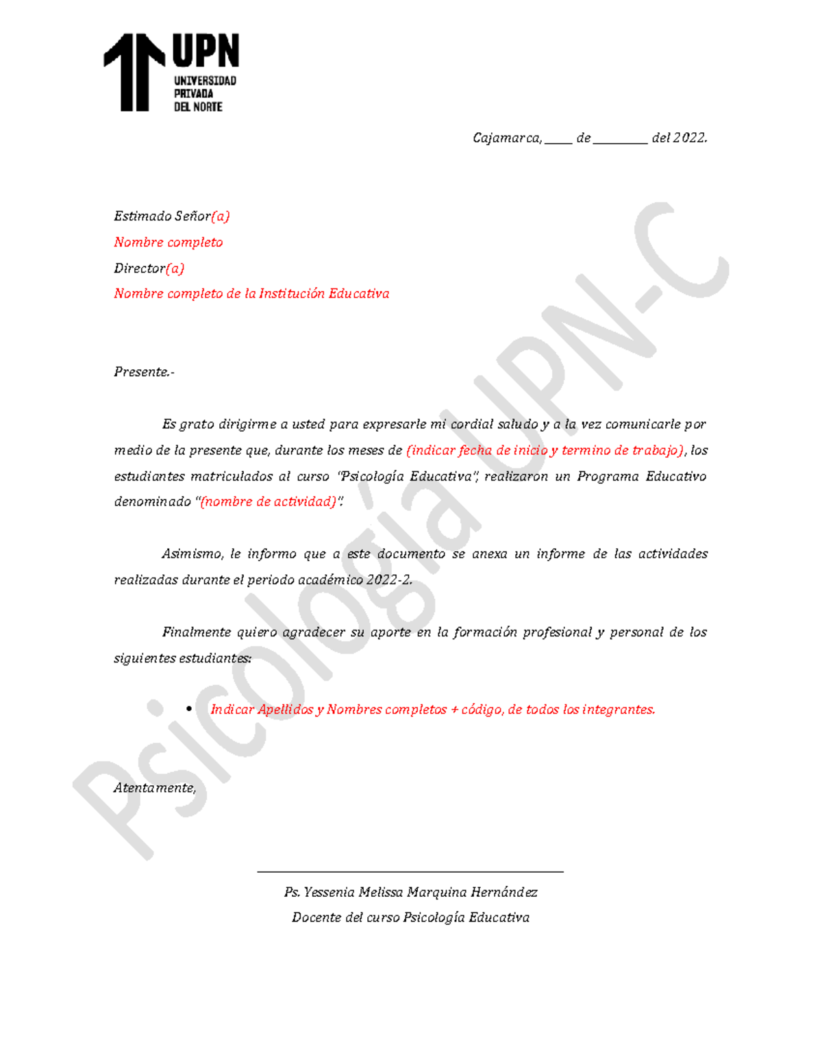 04 Carta Informe - Cajamarca, _____ de __________ del 2022. Estimado ...