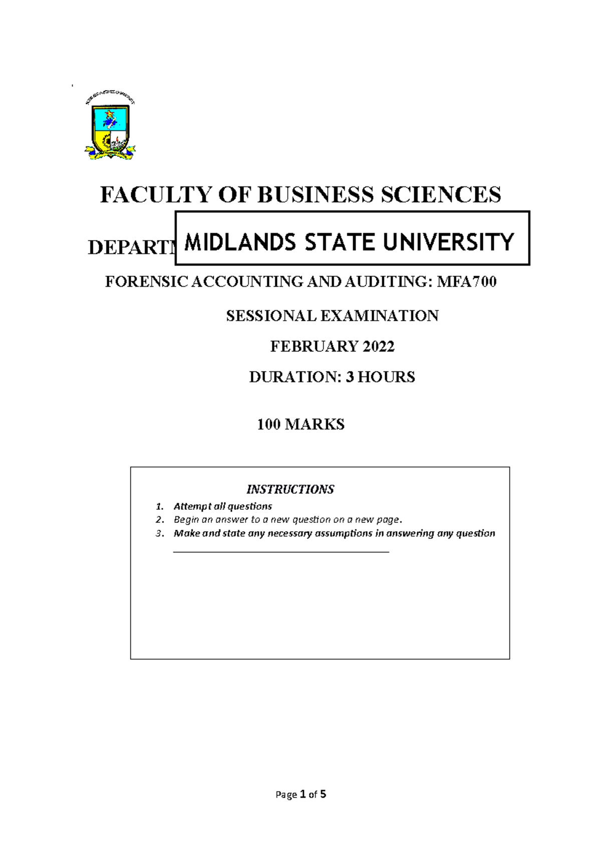 Forensic Audit - EXAM PAPER - FACULTY OF BUSINESS SCIENCES DEPARTMENT ...