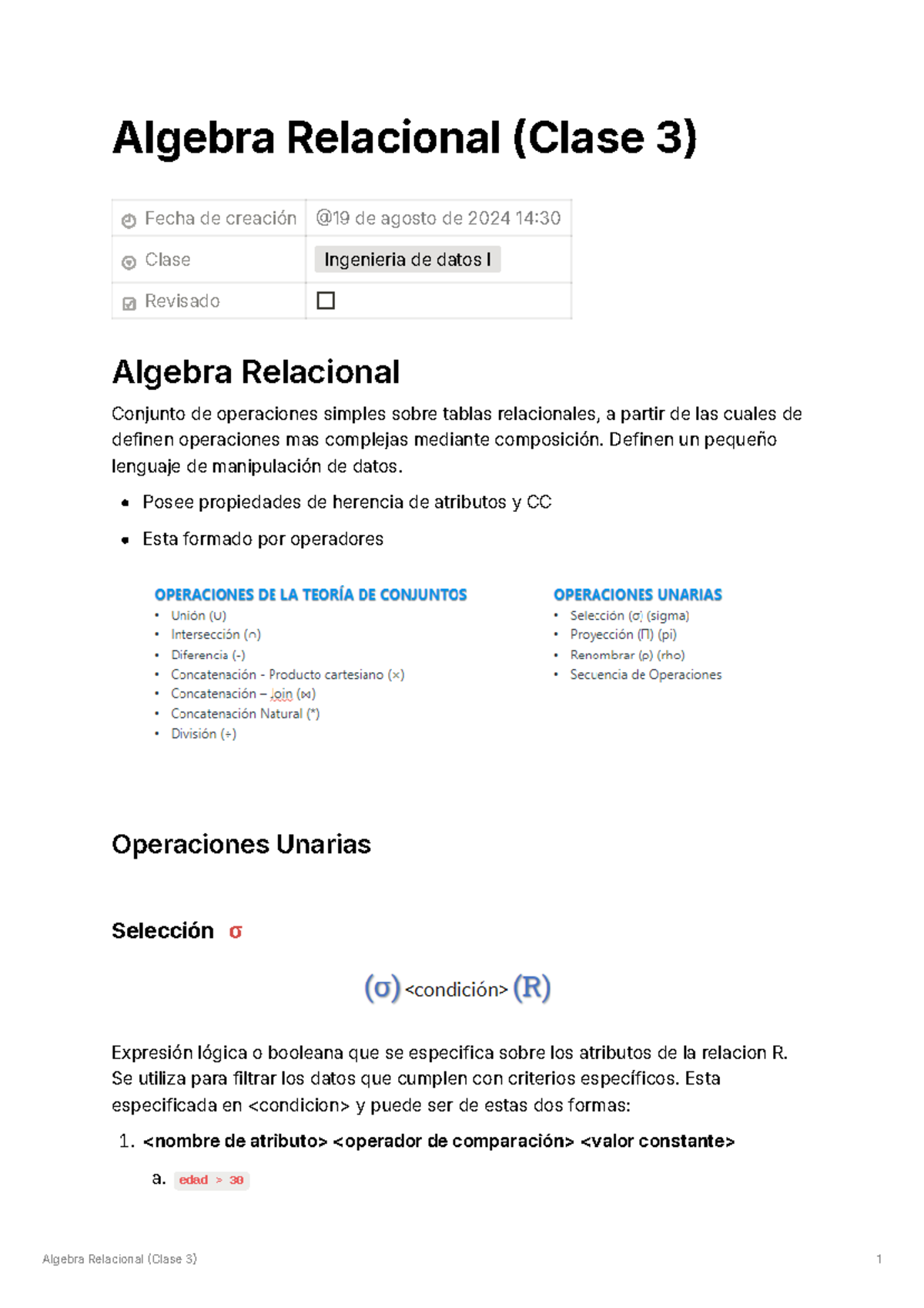 Algebra relacional resumen - Algebra Relacional (Clase 3) Fecha de ...