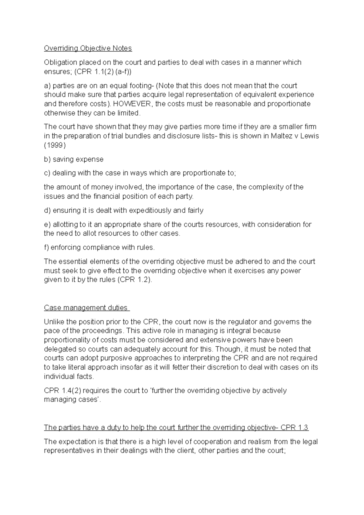 Overriding Objective Notes Overriding Objective Notes Obligation Placed On The Court And