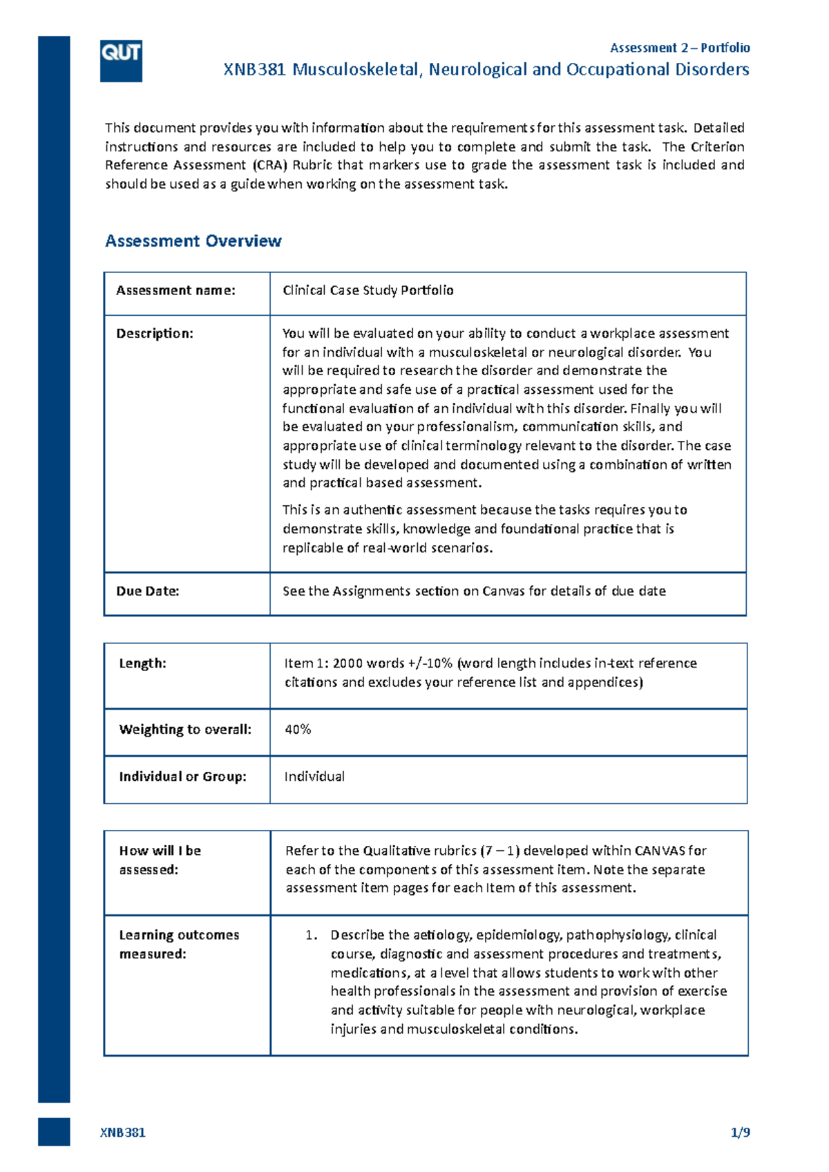 XNB381 - assessment task sheet portfolio-1 - XNB381 Musculoskeletal ...