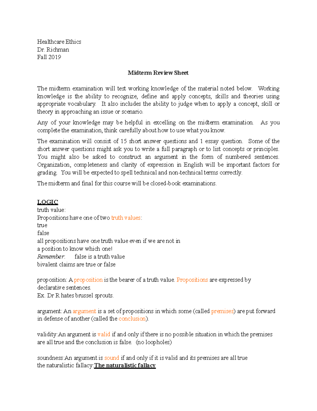 Midterm Review Fall 19(1) PDF - Healthcare Ethics Dr. Richman Fall 2019 ...