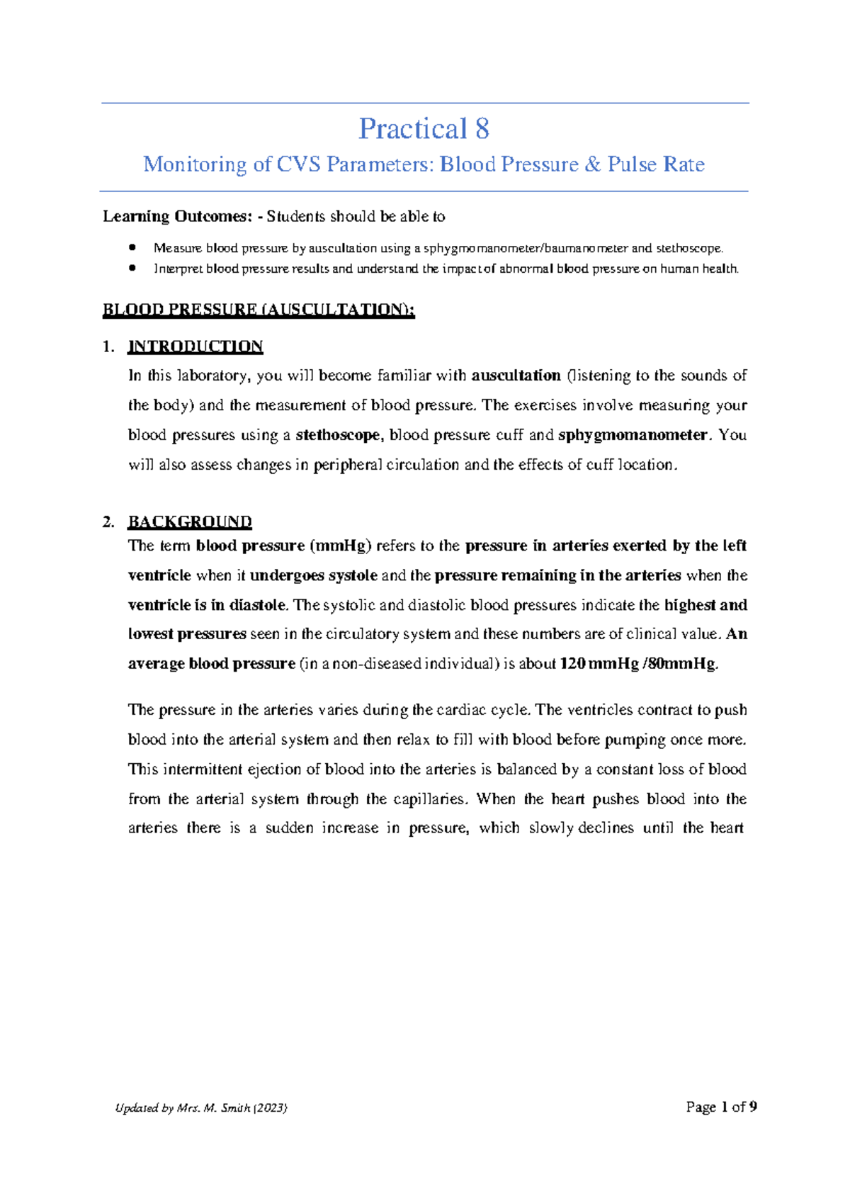 MBS121 Practical 8 Monitoring of CVS Parameters BP Pulse Rate ...